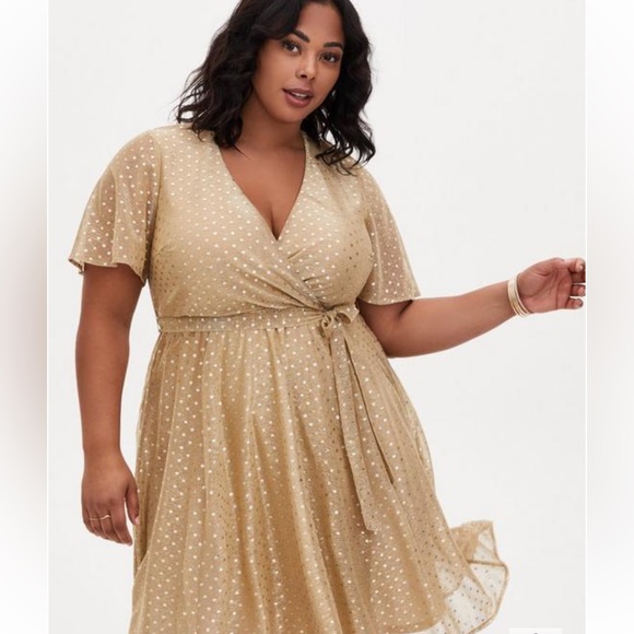torrid | Dresses | Torrid Gold Metallic Polka Dot Mesh Wrap Dress Size ...